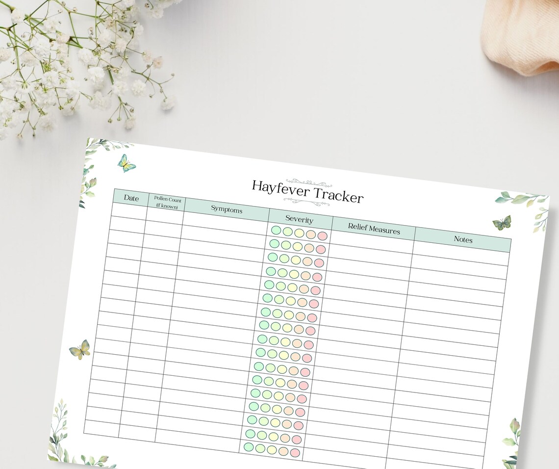 Hayfever Tracker Printable PDF | Hay Fever Symptom Tracker | Pollen ...