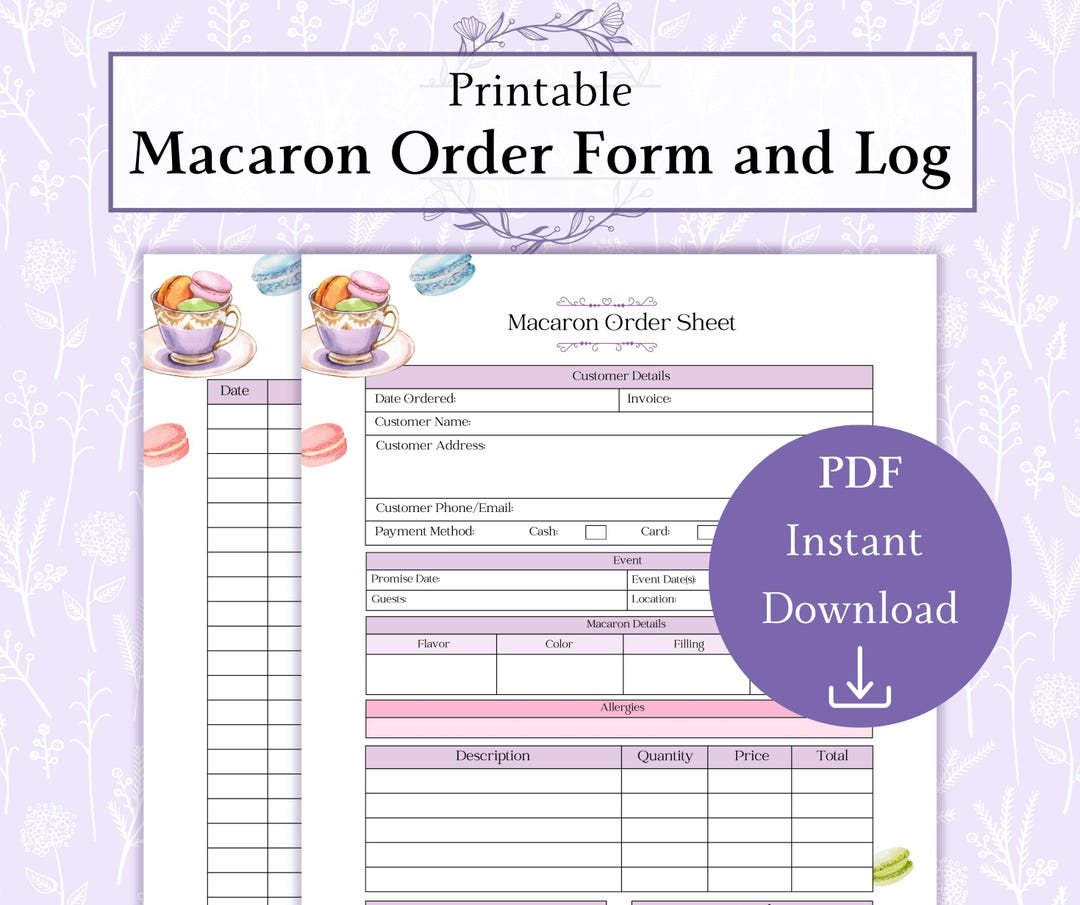Macaron Order Form Printable PDF | Macaron Order Log | Dessert Order ...