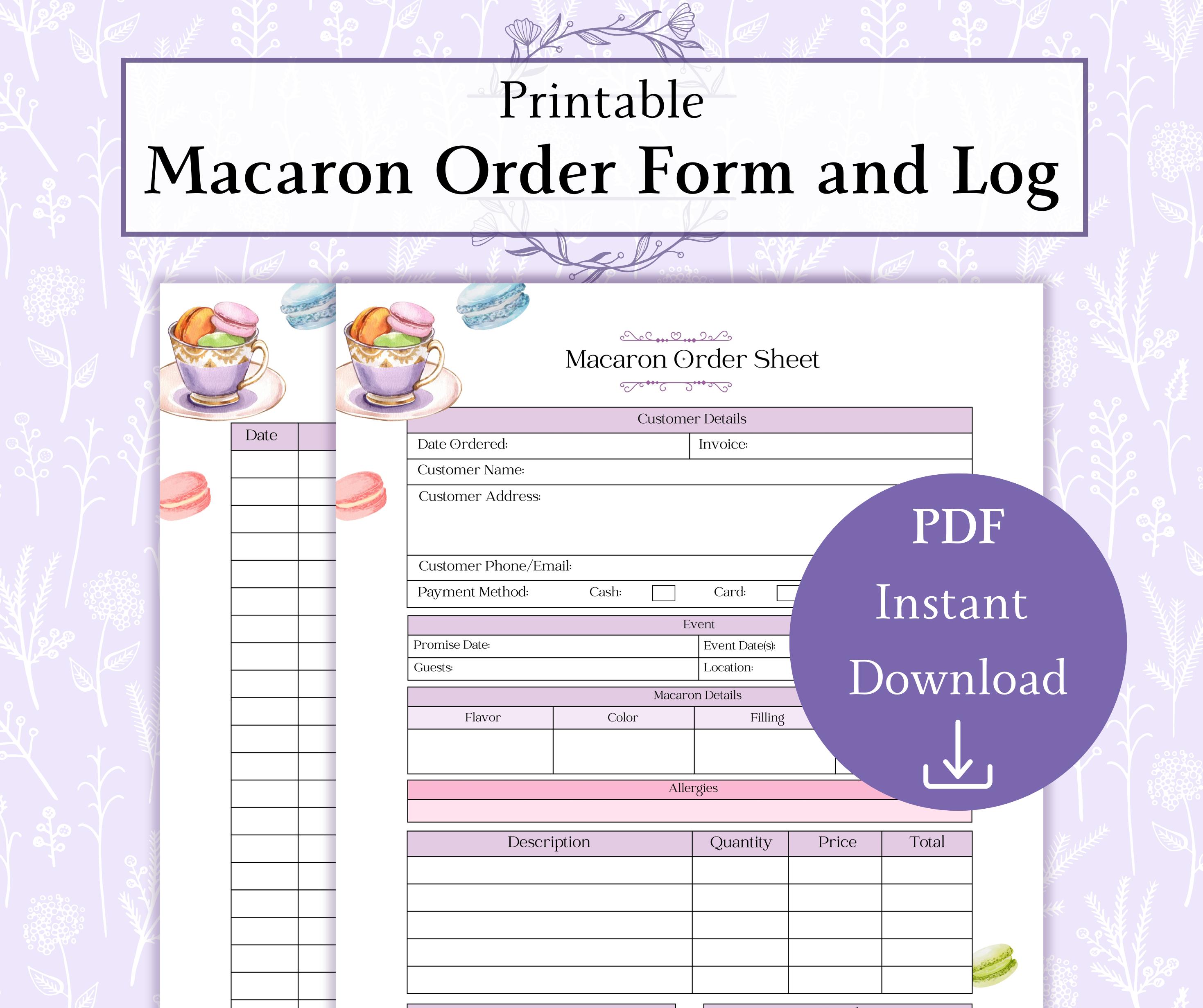 Macaron Order Form Printable PDF | Macaron Order Log | Dessert Order ...