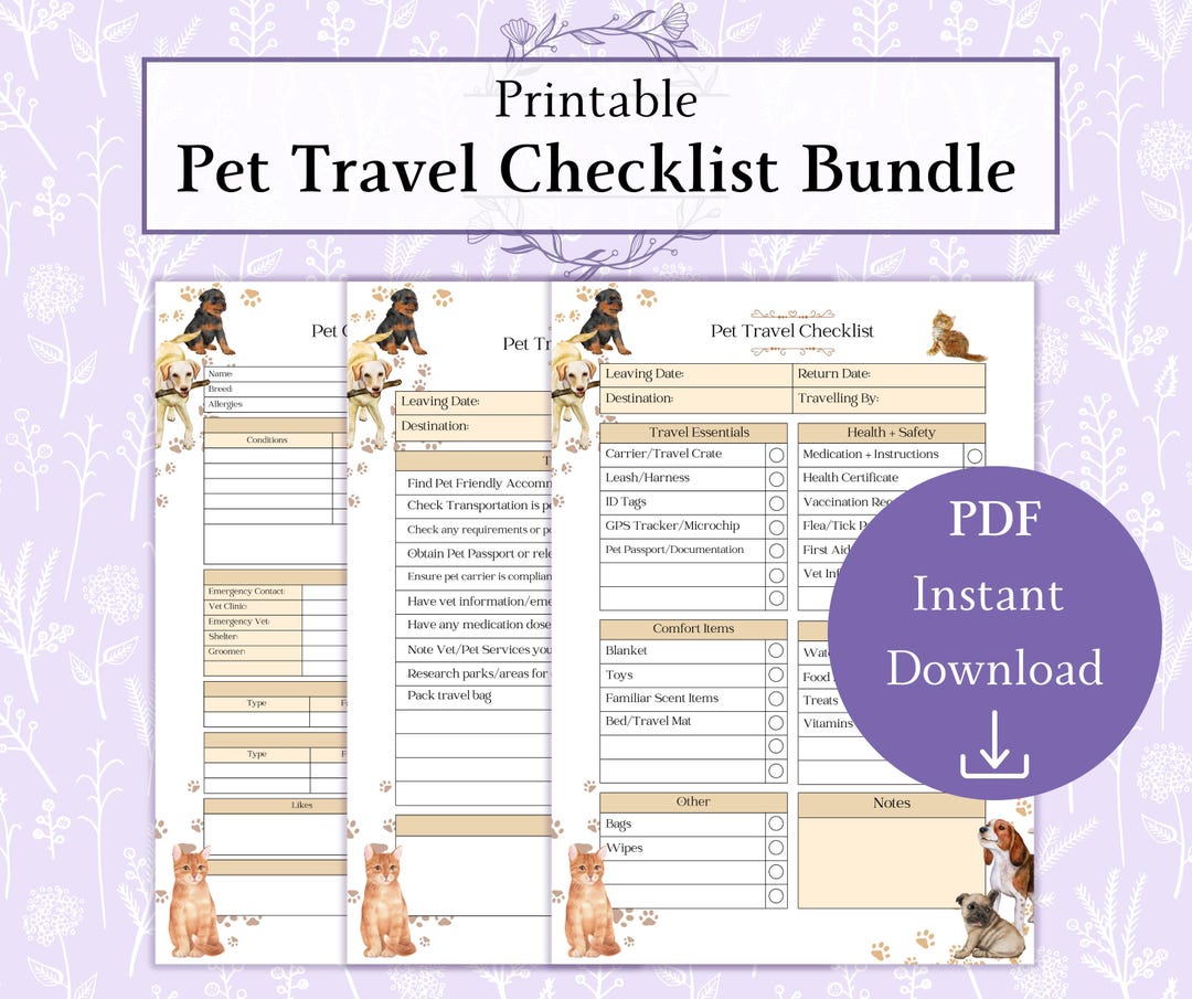 Pet Travel Checklist Bundle Printable PDF | Dog Travel List | Pet Care ...