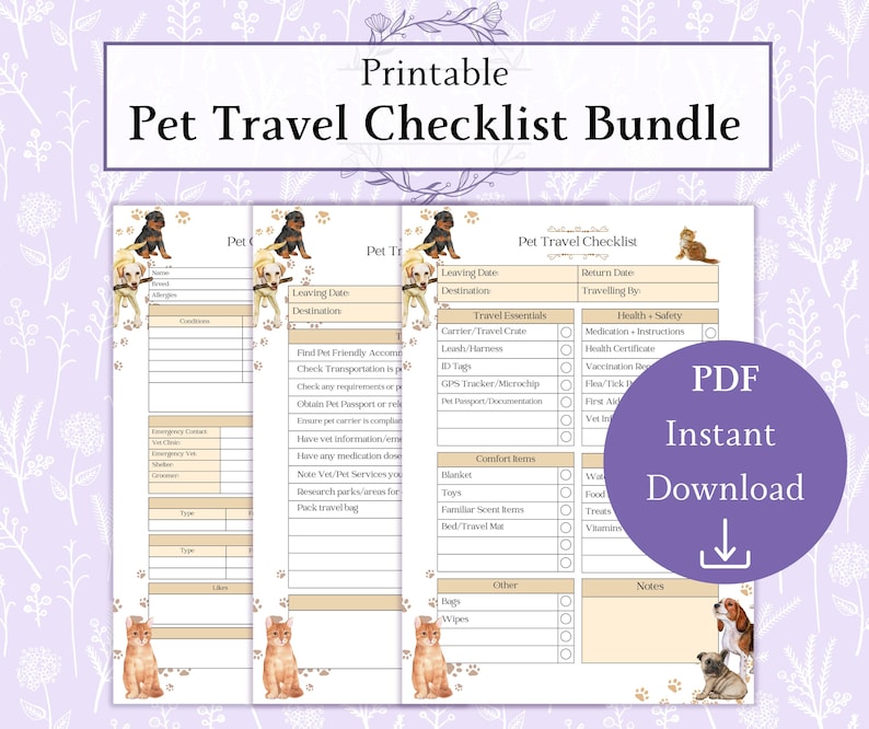 Pet Travel Checklist Bundle Printable PDF | Dog Travel List | Pet Care ...