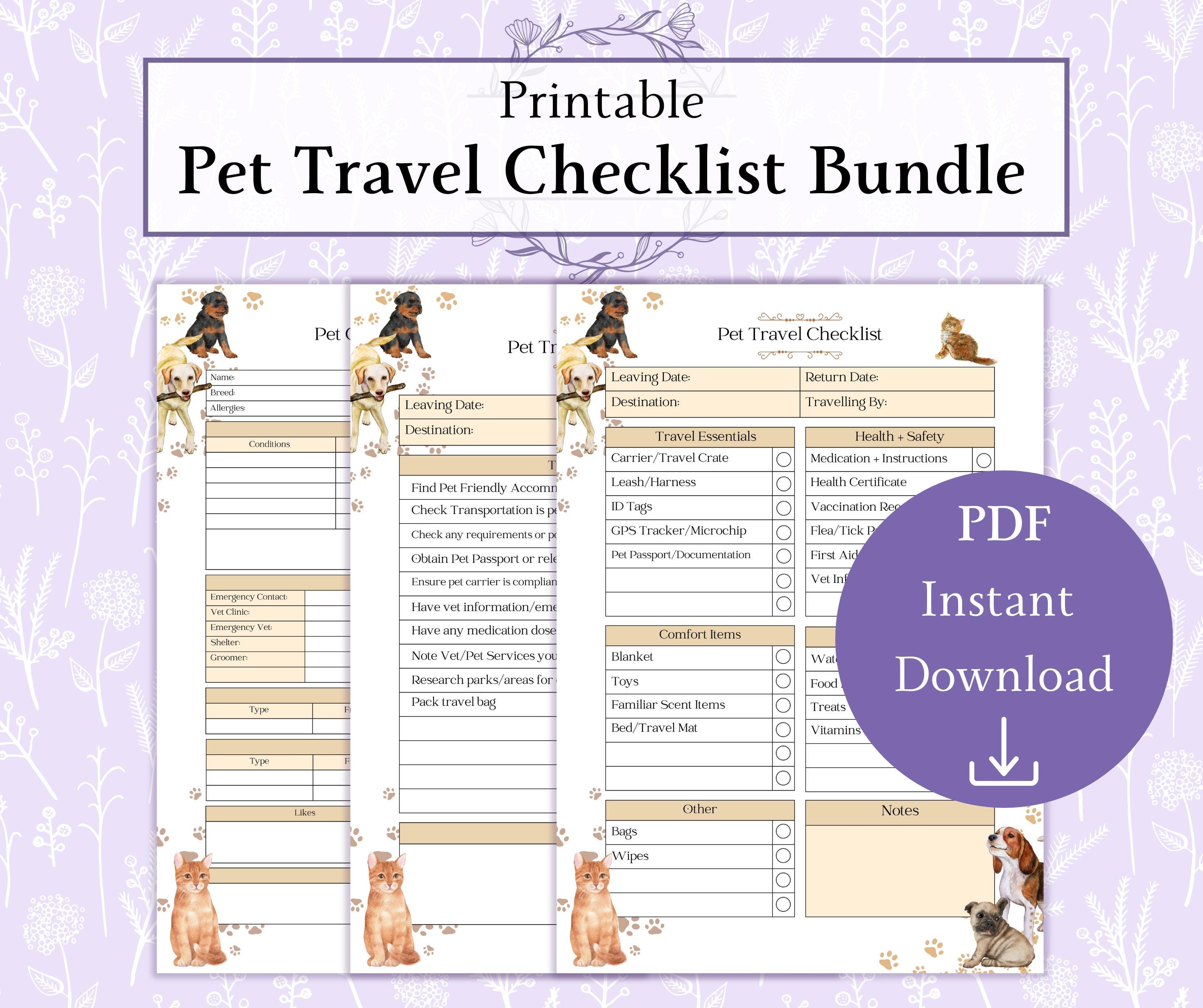Pet Travel Checklist Bundle Printable PDF Dog Travel List Pet Care Info ...