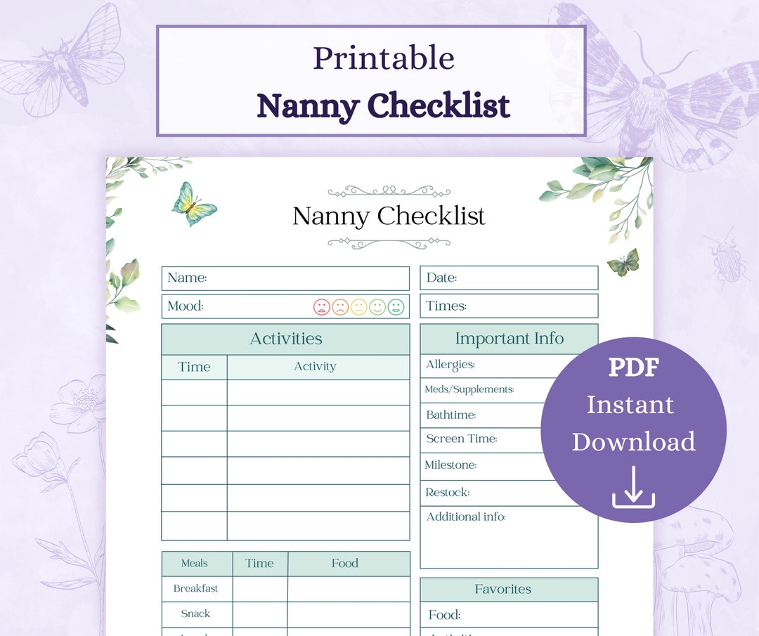 Nanny Checklist Printable PDF | Caregiver Checklist | Nanny Schedule ...