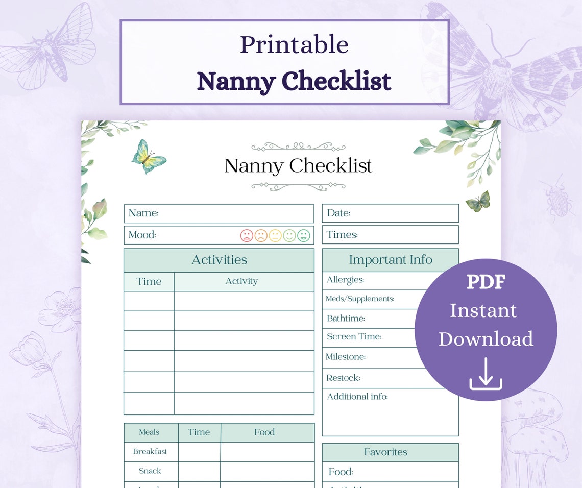 Nanny Checklist Printable PDF | Caregiver Checklist | Nanny Schedule ...