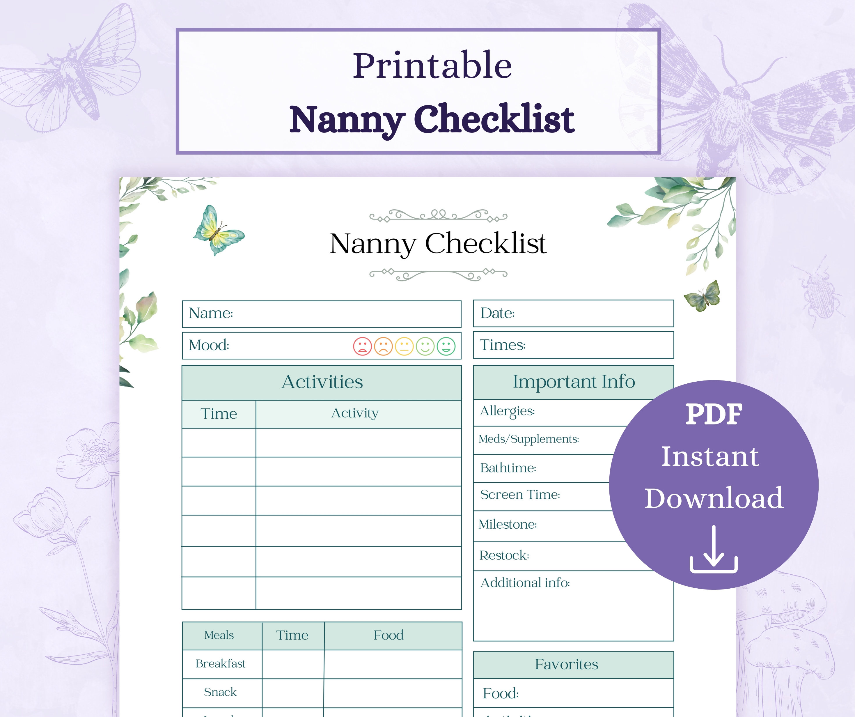 Nanny Checklist Printable PDF Caregiver Checklist Nanny Schedule Nanny ...