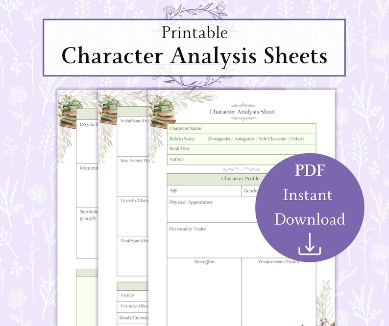Character Analysis Sheets Printable PDF, Reading Journal Page, Study ...
