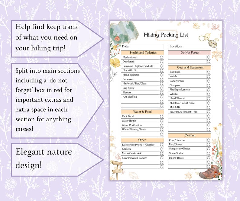 Hiking Packing List Printable PDF | Travel Checklist | Hiking Logbook ...