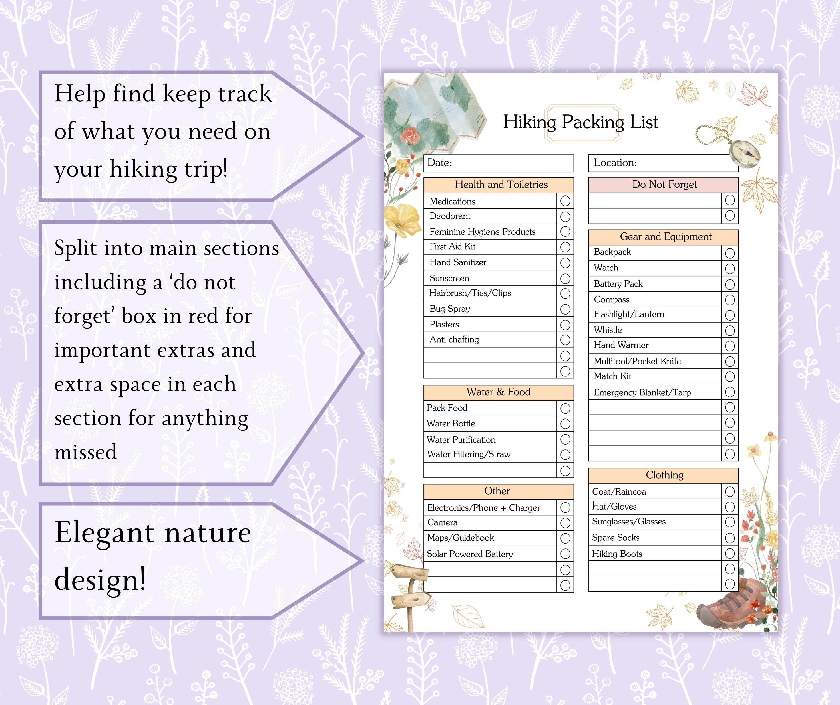 Hiking Packing List Printable PDF | Travel Checklist | Hiking Logbook ...