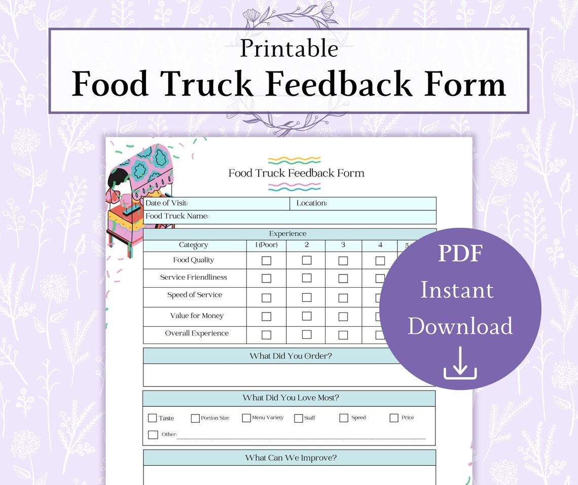 Food Truck Feedback Form Printable PDF | Customer Feedback Sheet | Food ...