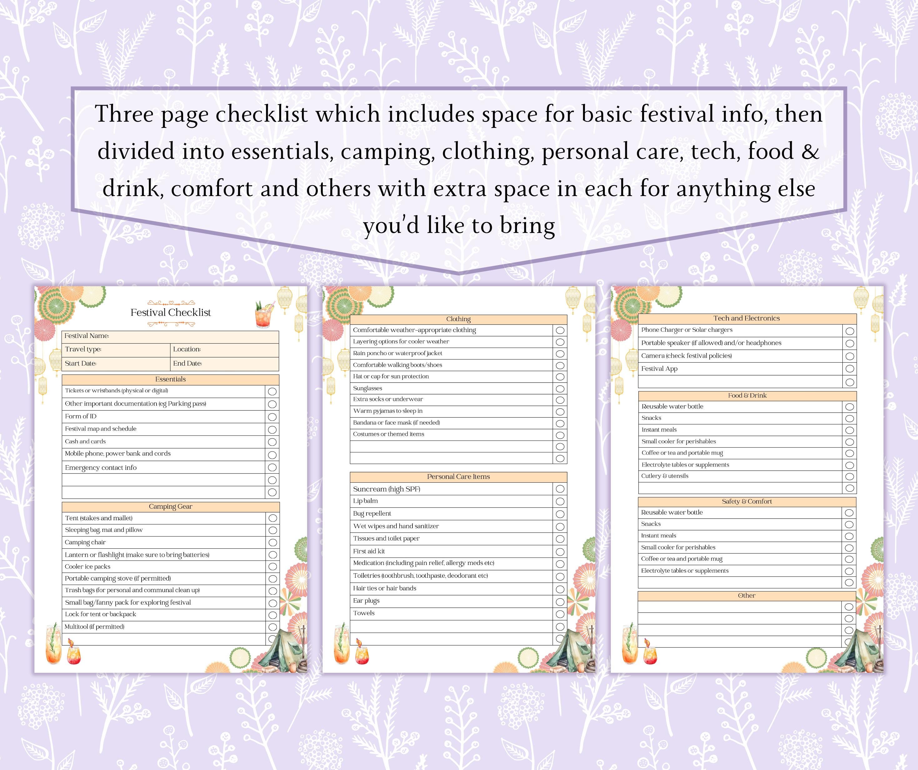 Festival Checklist Printable PDF | Music Festival Planner | Festival ...