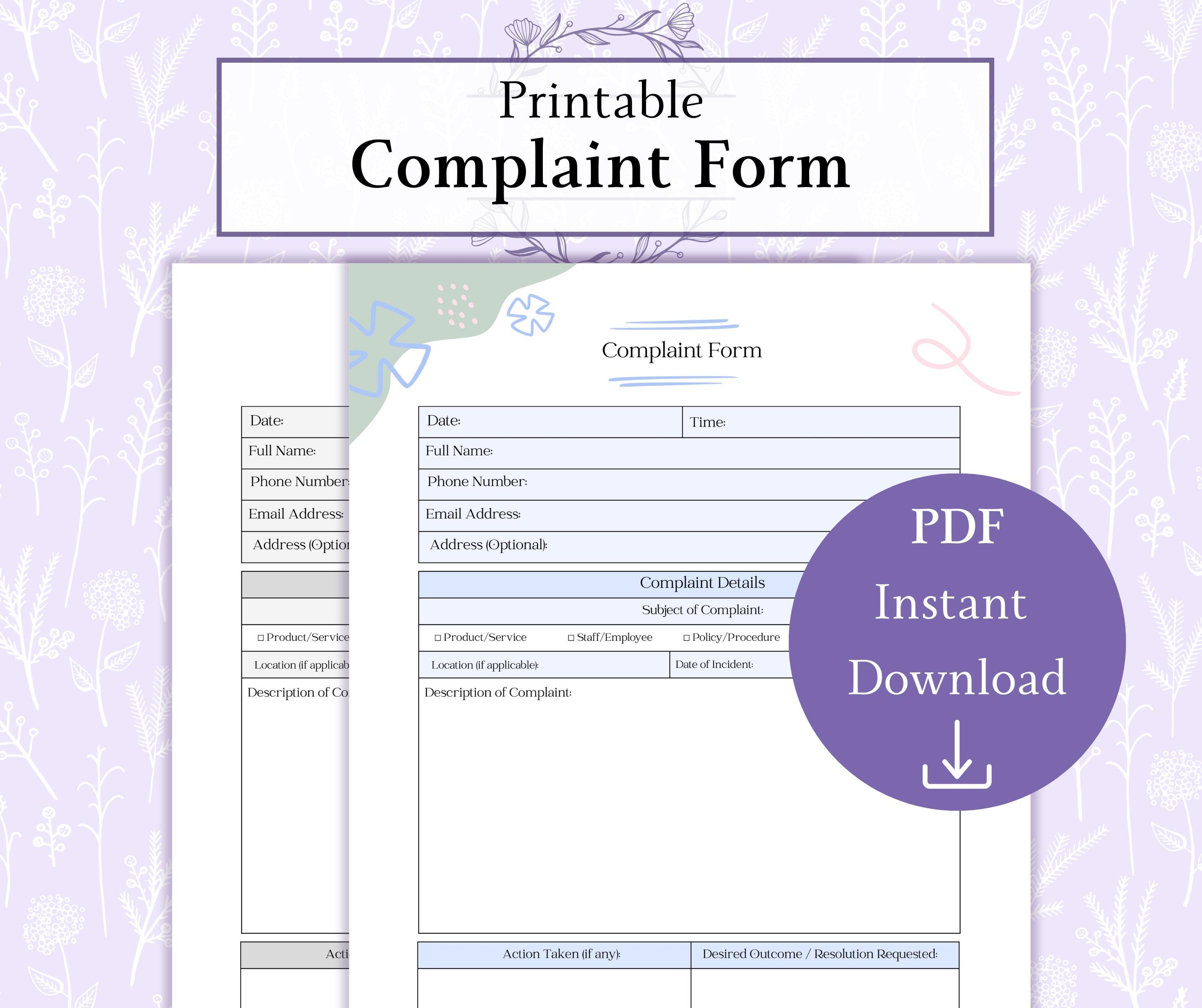 Complaint Form Printable PDF | Customer Complaint Form | Employee ...