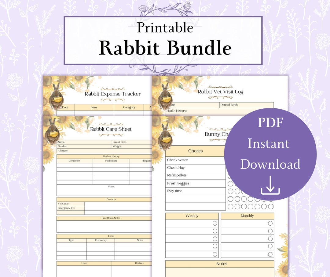 Rabbit Record Keeping Bundle Printable PDF | Rabbit Care Sheet | Bunny Chores | Expense Log ...