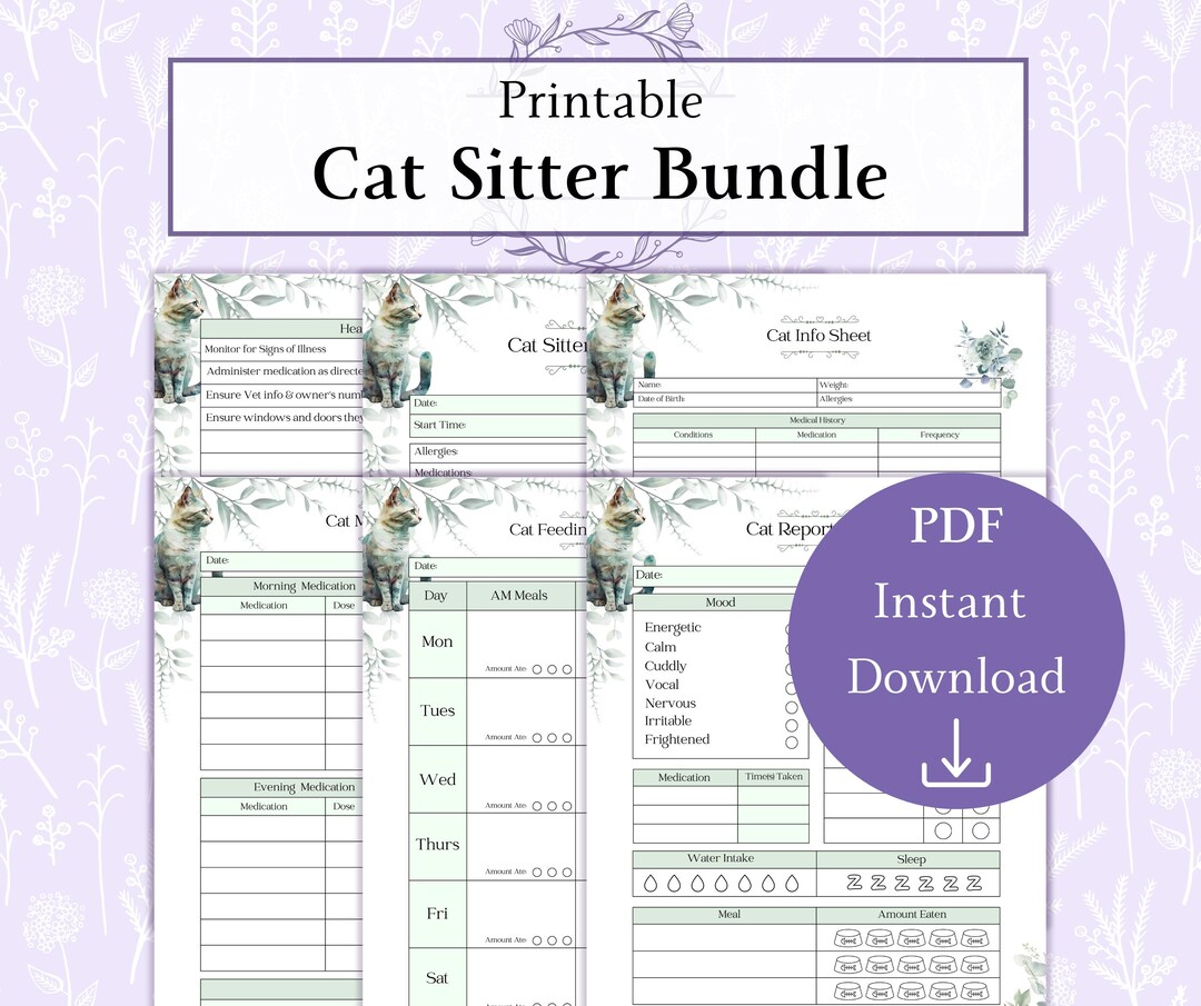 Cat Sitter Notes Bundle Printable PDF | Cat Care Chart | Pet Sitting ...