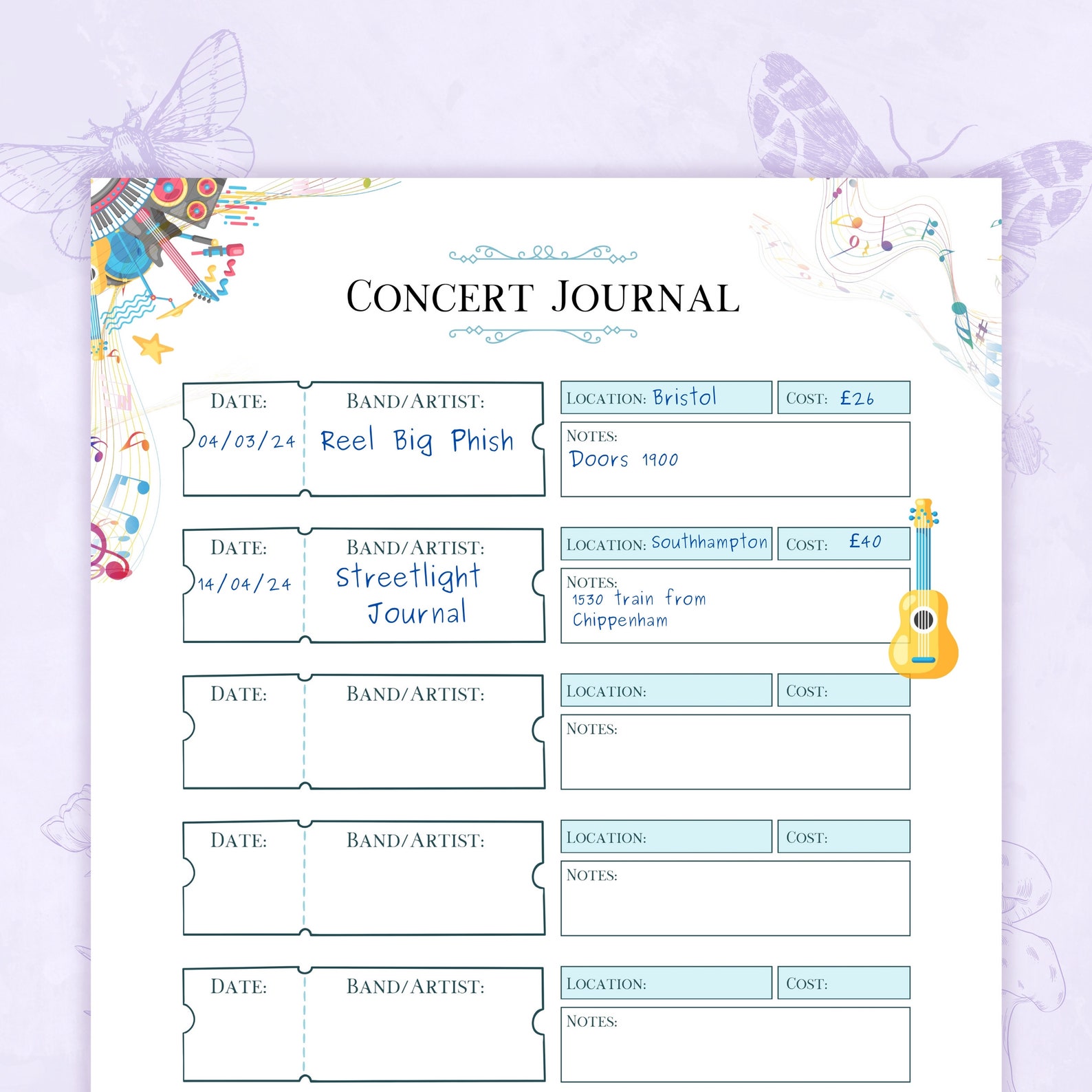 Concert Journal Bundle Printable PDF | Gig Tracker Live Music Review ...