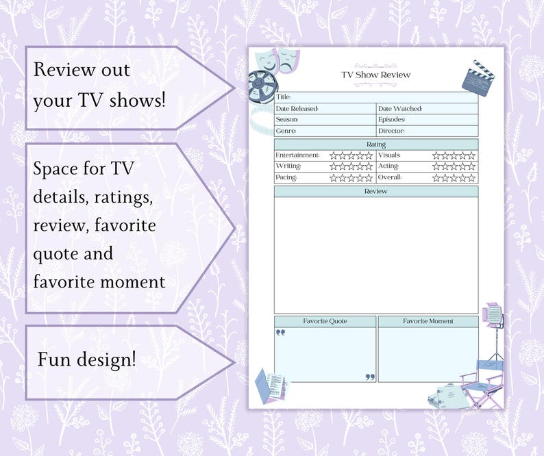 TV Show Review Printable PDF | TV Show Tracker | Tv Journal Record | Tv ...