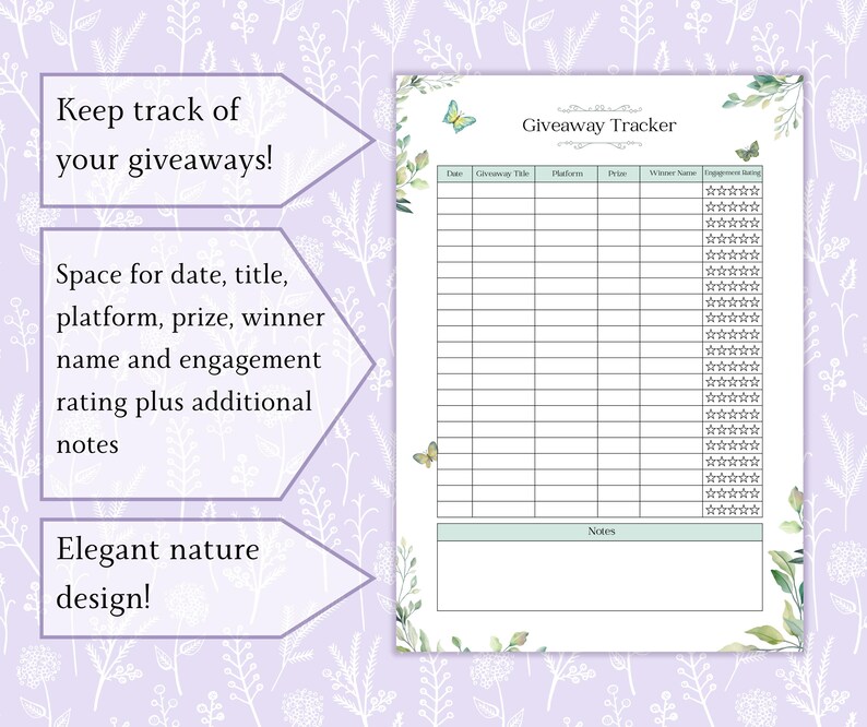 Giveaway Tracker Printable PDF | Engagement Tracking Log | Contest ...