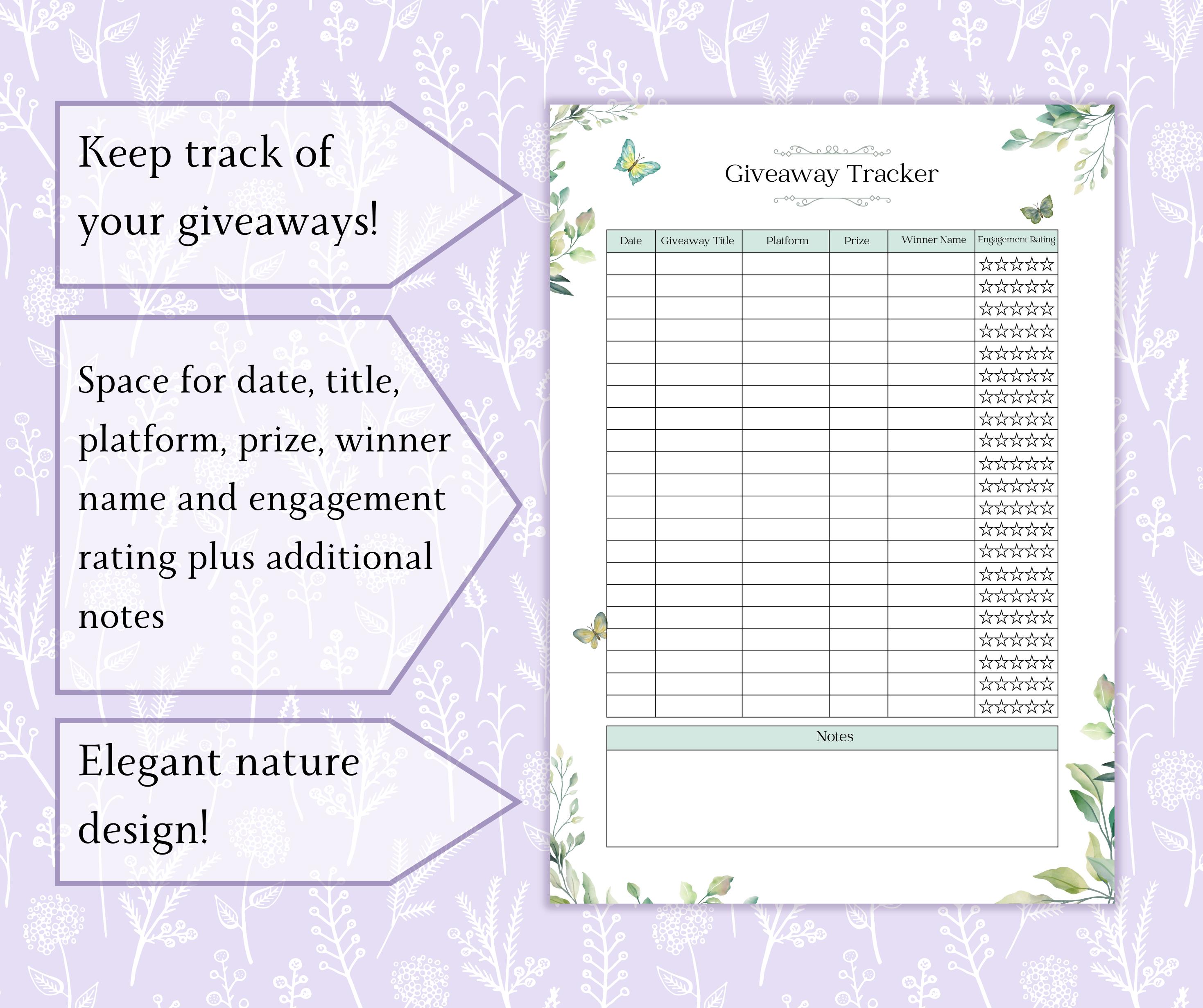 Giveaway Tracker Printable PDF | Engagement Tracking Log | Contest ...
