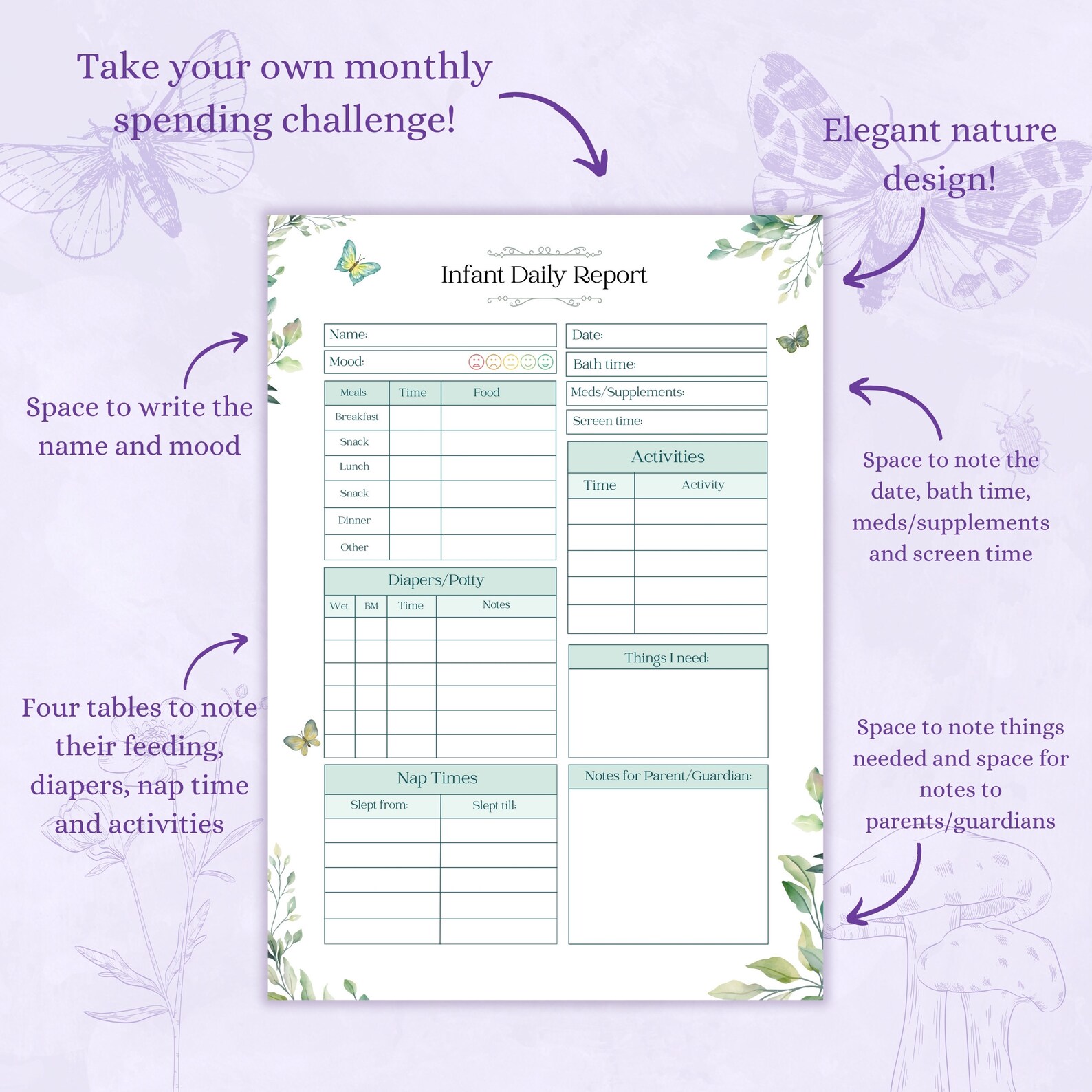 Infant Daily Report Printable PDF | Nanny Report | Caregiver Log ...