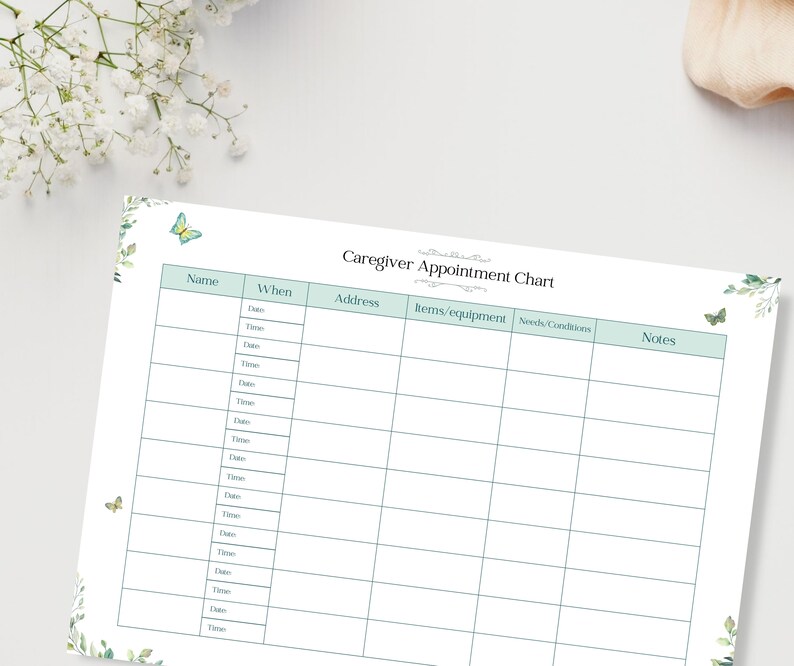 Caregiver Appointment Chart Printable PDF | Caregiver Log | in Home ...