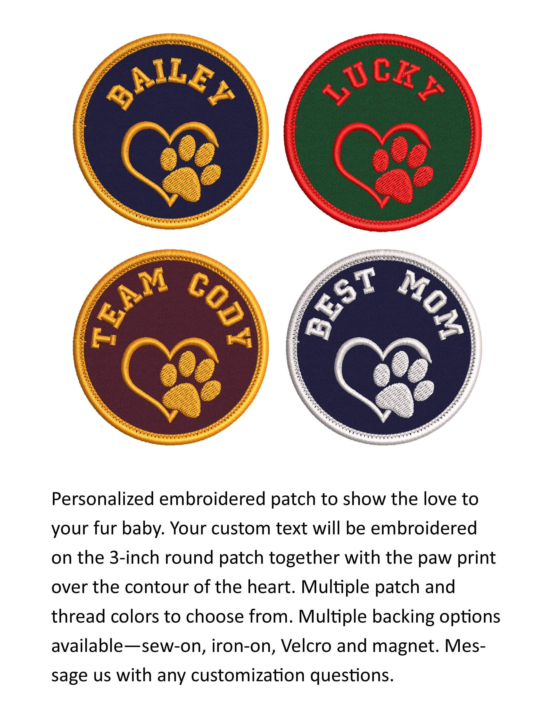 Personalized Patch With Text, Heart, and Paw. Embroidered Customized Patch. 3-inch Round Patch ...