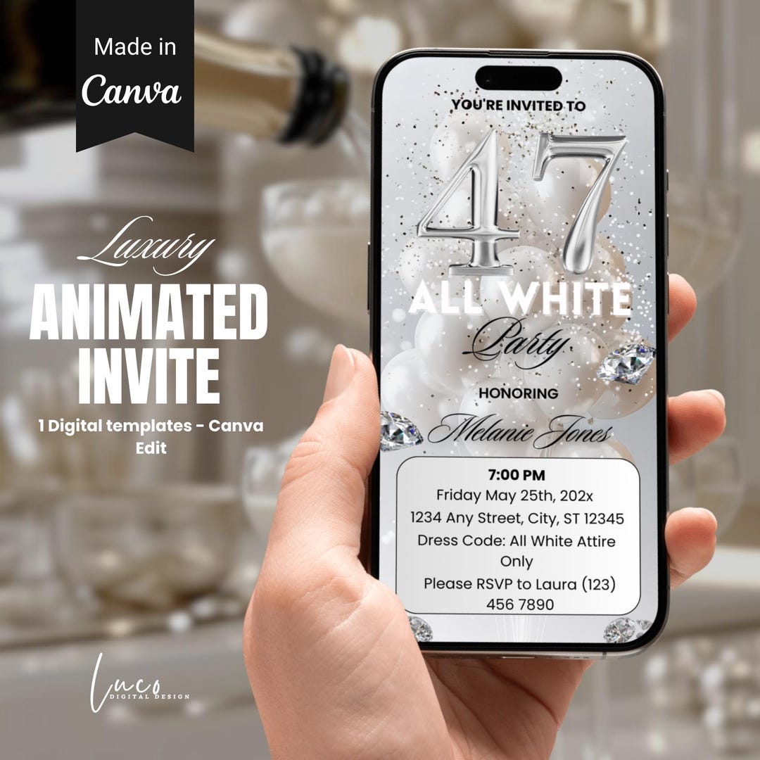 Digital 47th All White Party Invitation, Birthday Dinner Invite, All ...