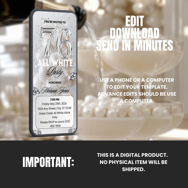 Digital 76th All White Party Invitation, Birthday Dinner Invite, All ...