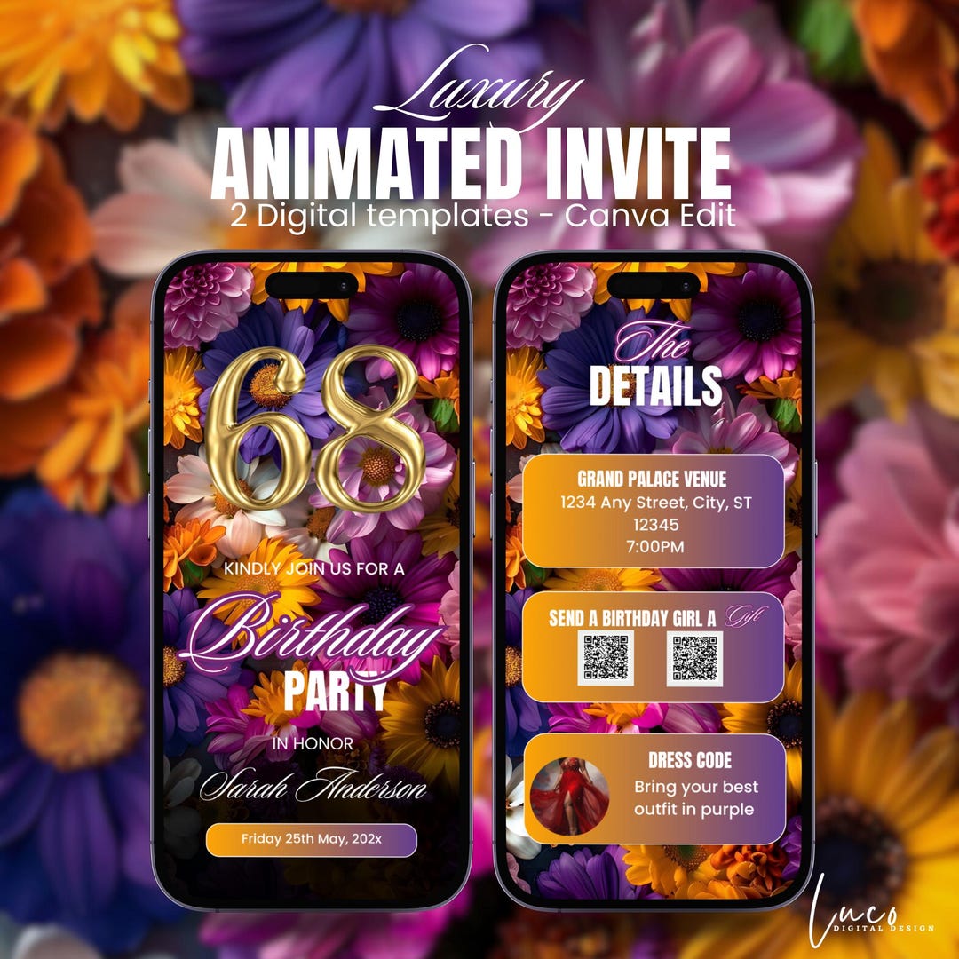 Digital Floral 68th Birthday Invitation Purple Yellow Flowers Editable ...