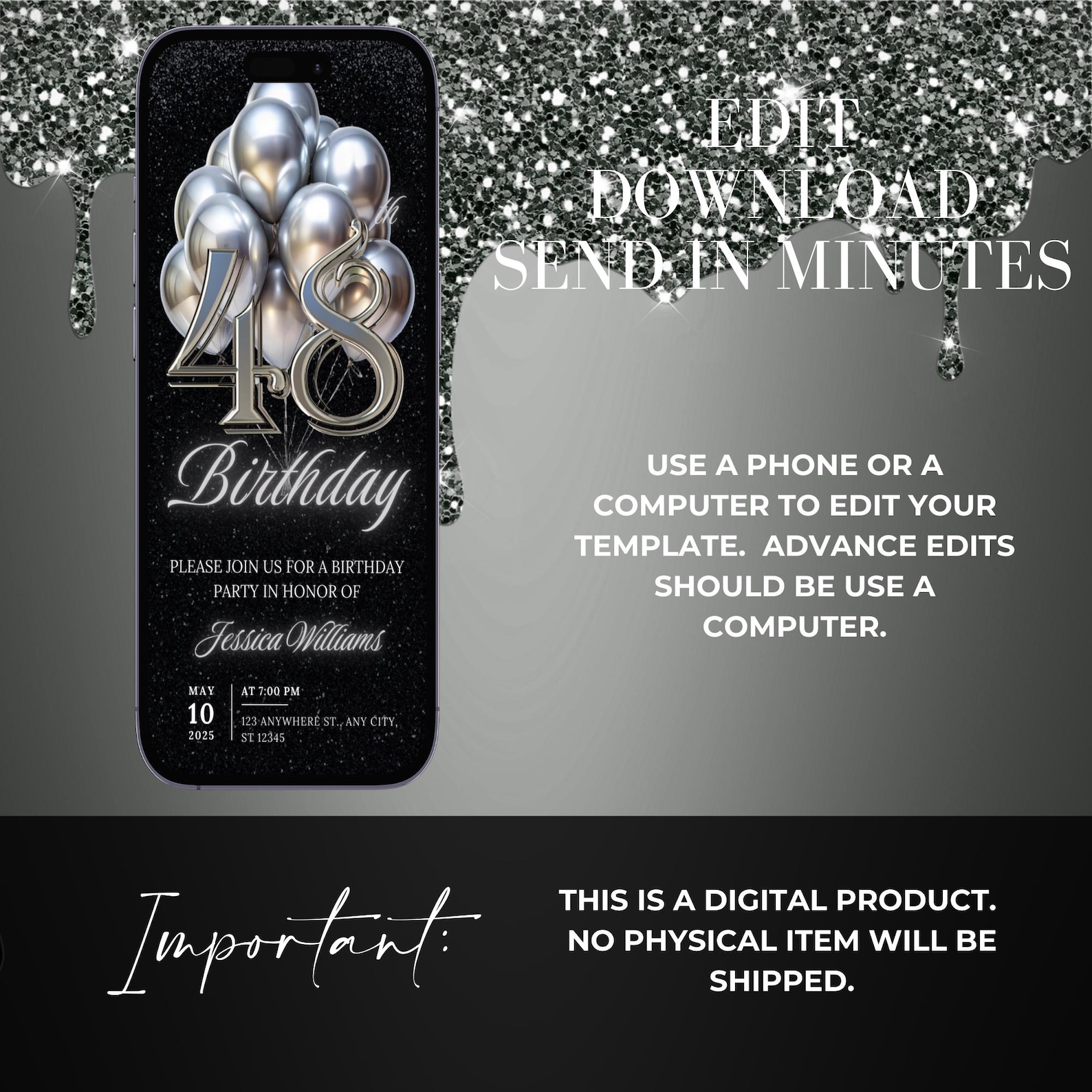 48th Digital Flyer Birthday Invitation, Surprise 48 Dinner Party Invite ...