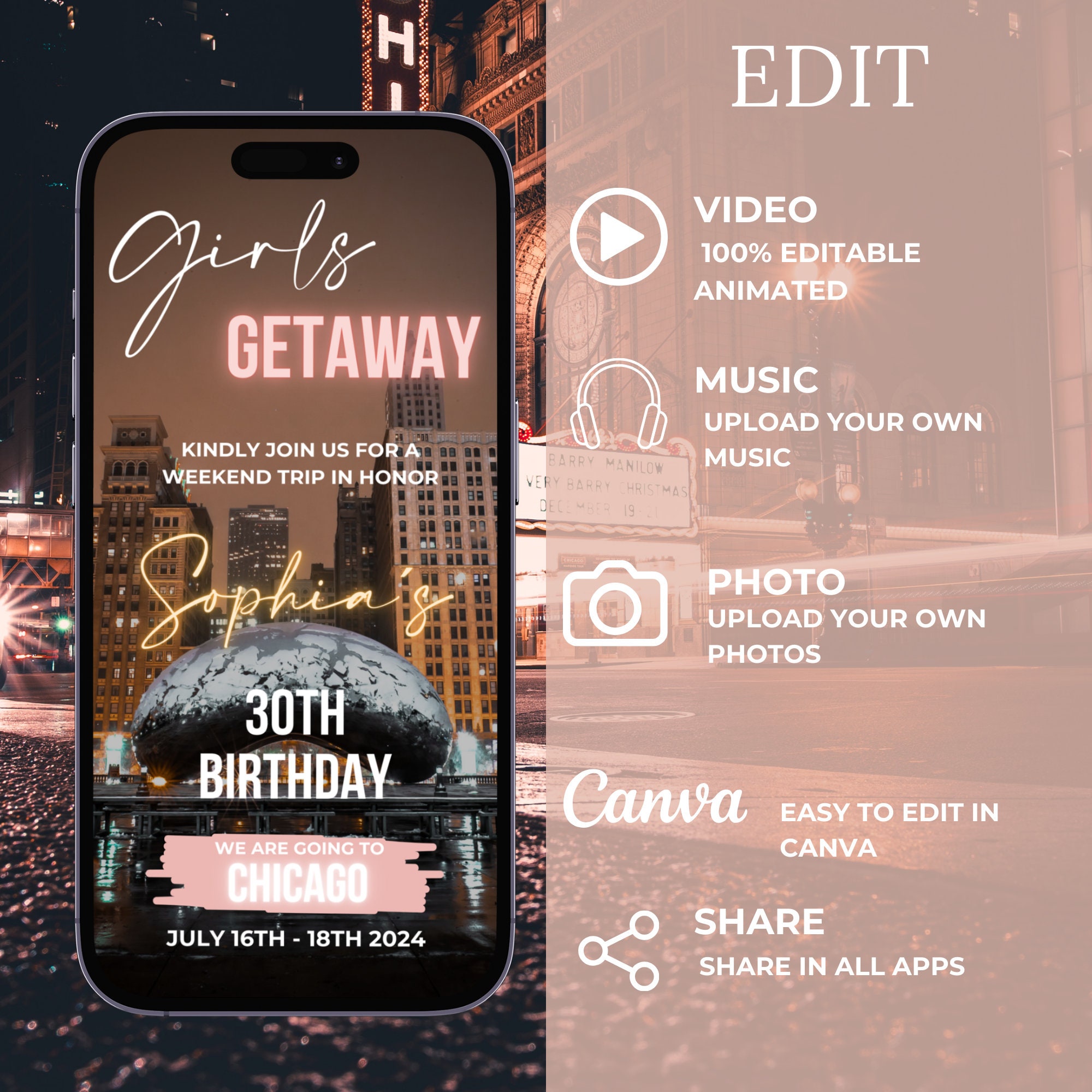 Digital Chicago Takeover Girl's Trip Itinerary Invitation, Birthday ...