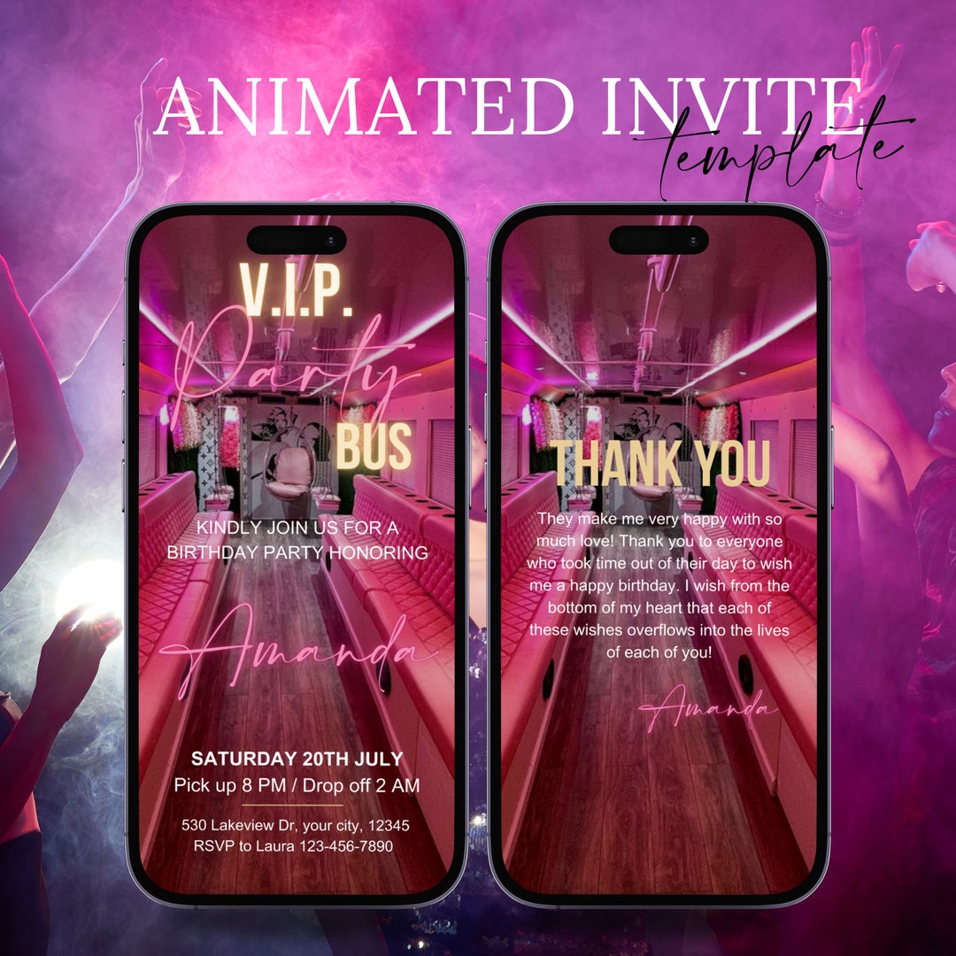 Digital Party Bus Birthday Invitation, Animated Limo Party Invite, Pink ...