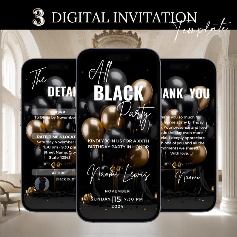 All Black Birthday Party Invitation, Birthday Dinner, Birthday Brunch ...