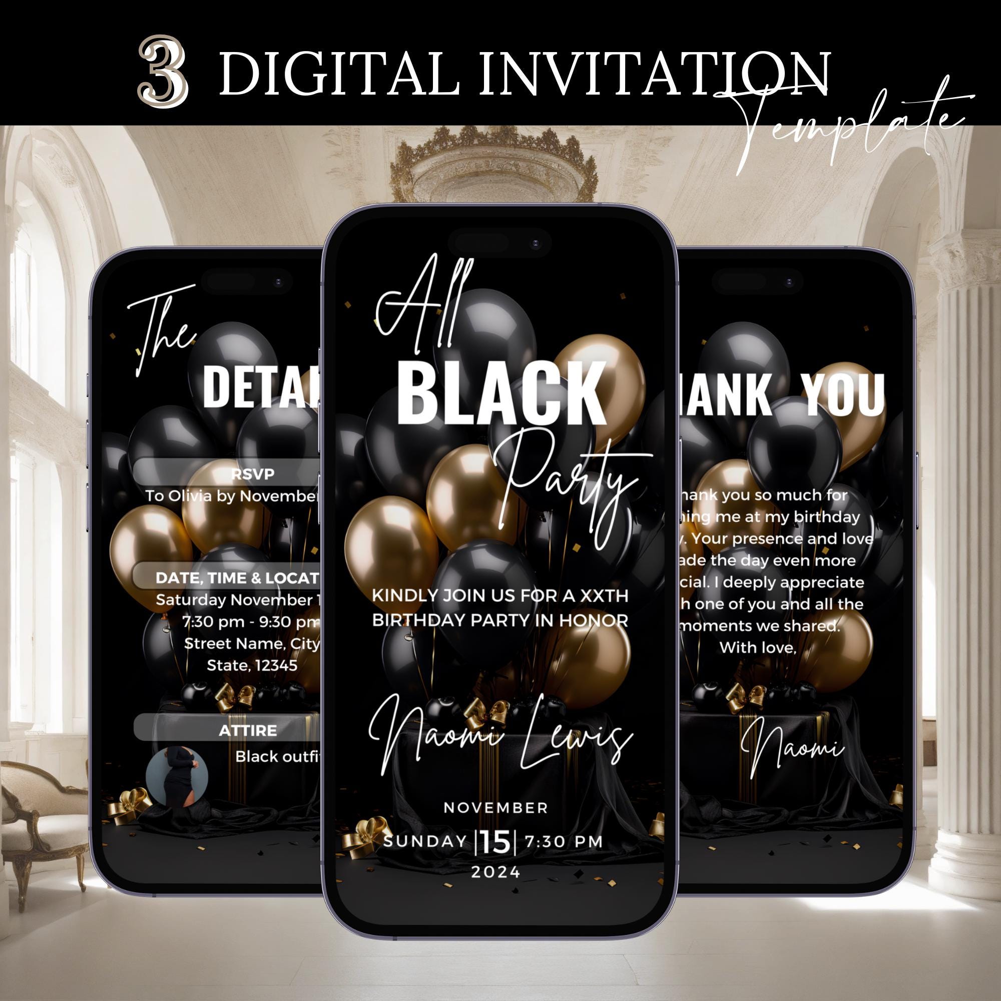 All Black Birthday Party Invitation, Birthday Dinner, Birthday Brunch ...