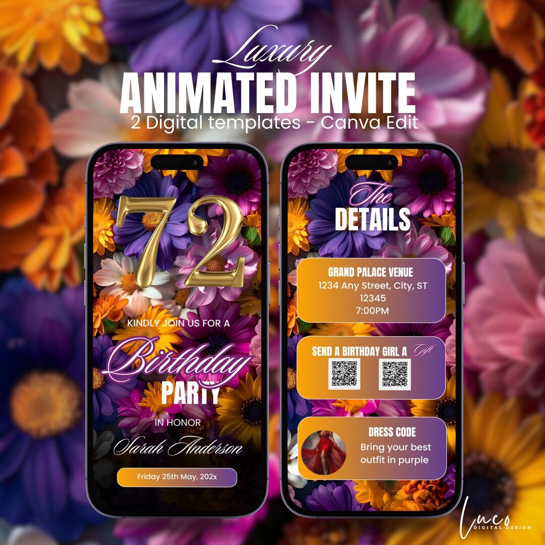 Digital Floral 72nd Birthday Invitation Purple Yellow Flowers Editable ...