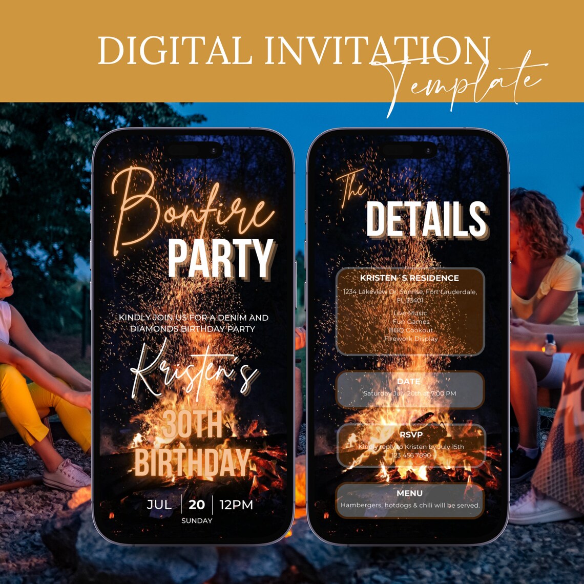 Digital Backyard Bonfire Invitation, Animated Black Gold Birthday ...