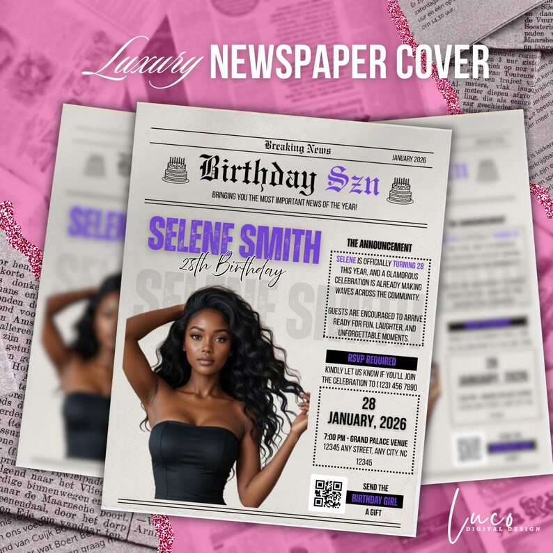 Purple Birthday Newspaper Canva Template, Birthday Newspaper Template ...
