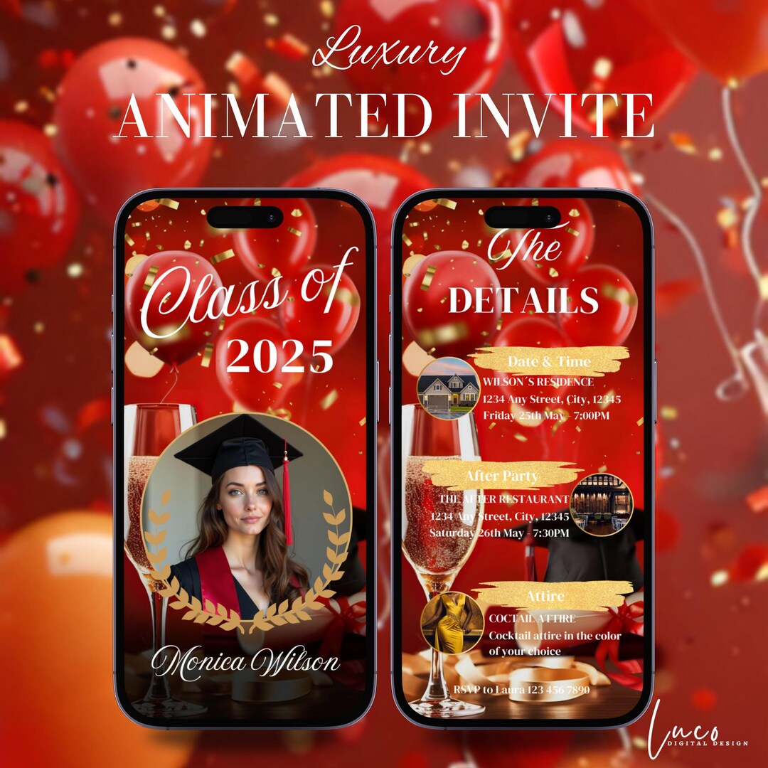 Graduation Party Invitation With Photo Red. Digital Girls Class of 2025 ...