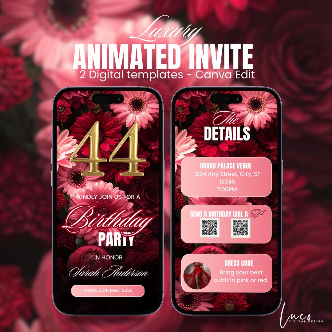 Floral 44th Birthday Invitation: Red Roses, Diamonds (digital Template ...