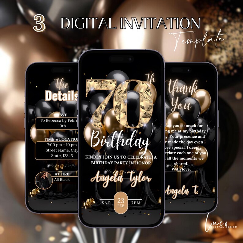 Digital 70th Birthday Invitation Template for Women, Seventieth Gold ...
