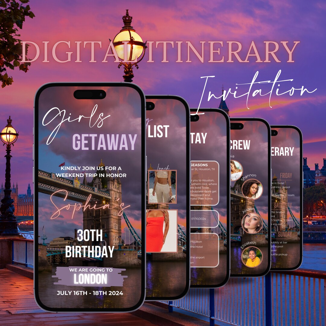 Digital London Vibes Trip Itinerary Invitation, Birthday Travel United ...
