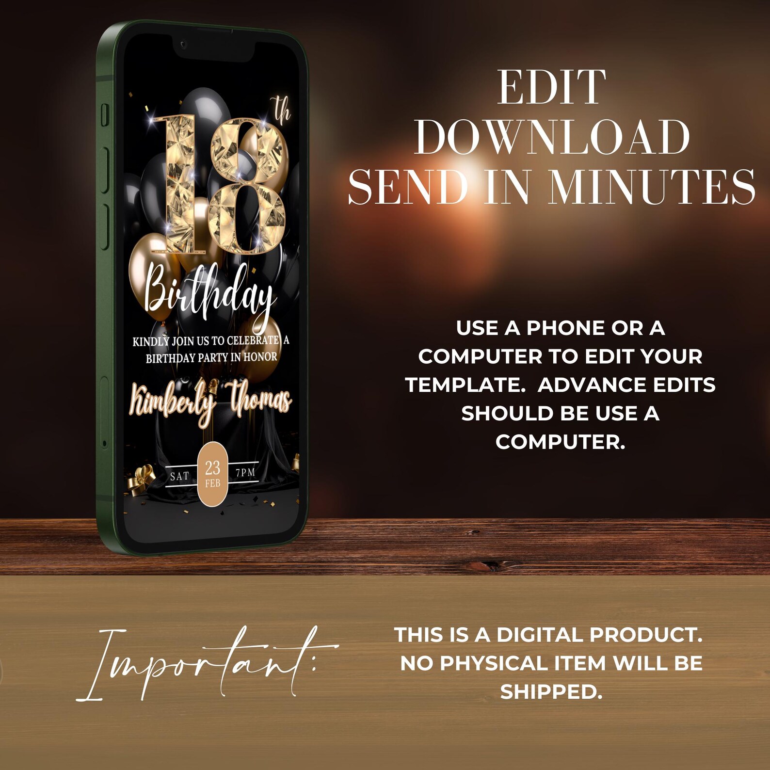 Digital 18th Birthday Invitation, Animated 18th Party Invite, Black ...