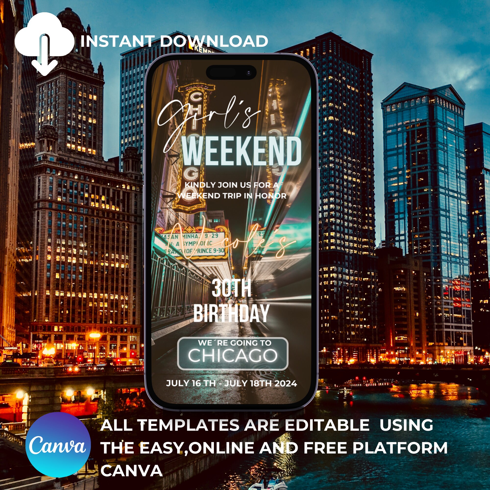 Digital Chicago Takeover Girl's Trip Itinerary Invitation, Birthday ...