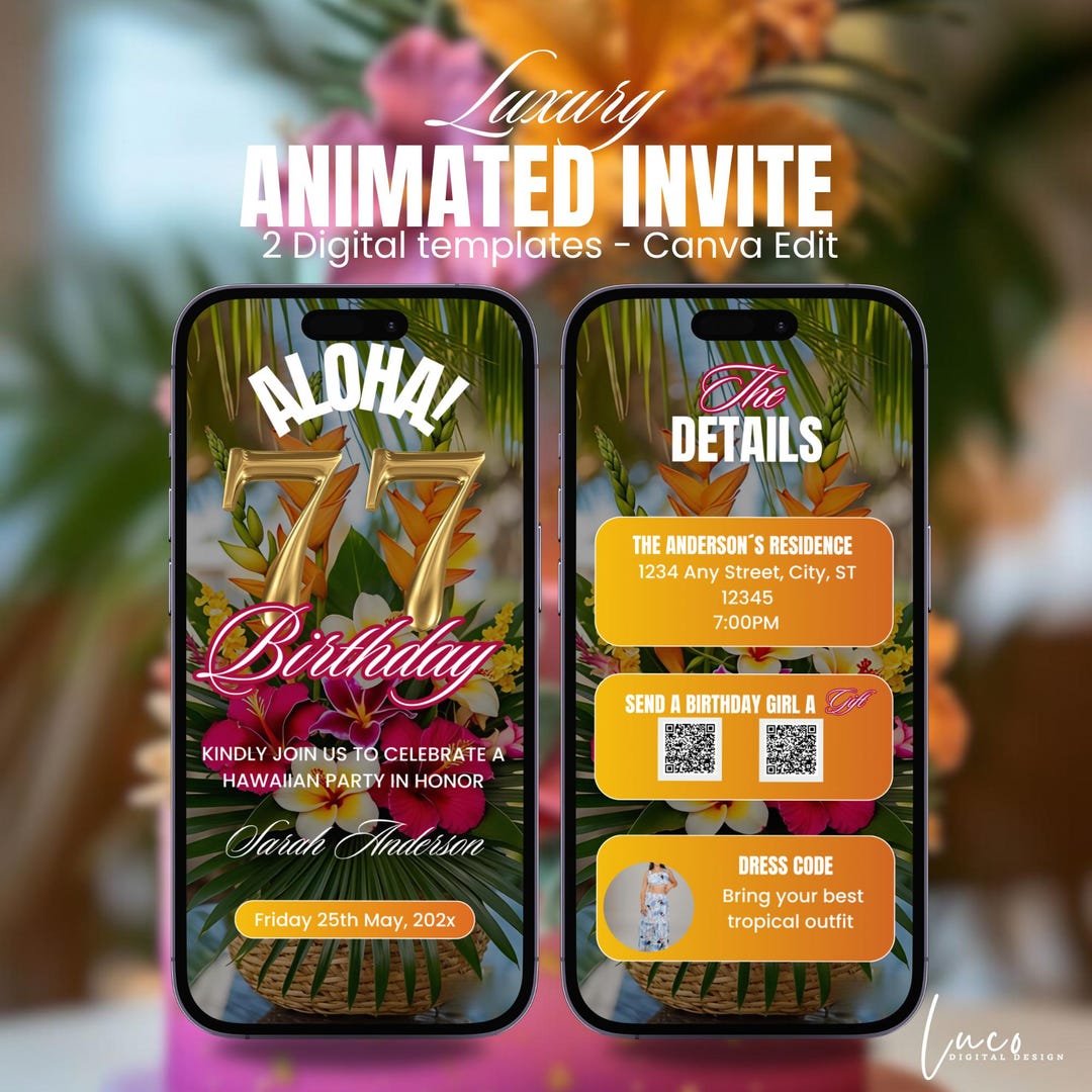 Digital 77th Tropical Party Invitation Itinerary Template, Editable Animated Hawaiian Theme ...