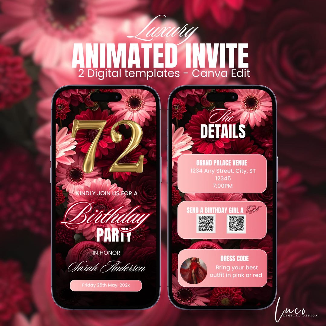 Digital Floral 72nd Birthday Invitation Red Roses Diamonds Editable ...