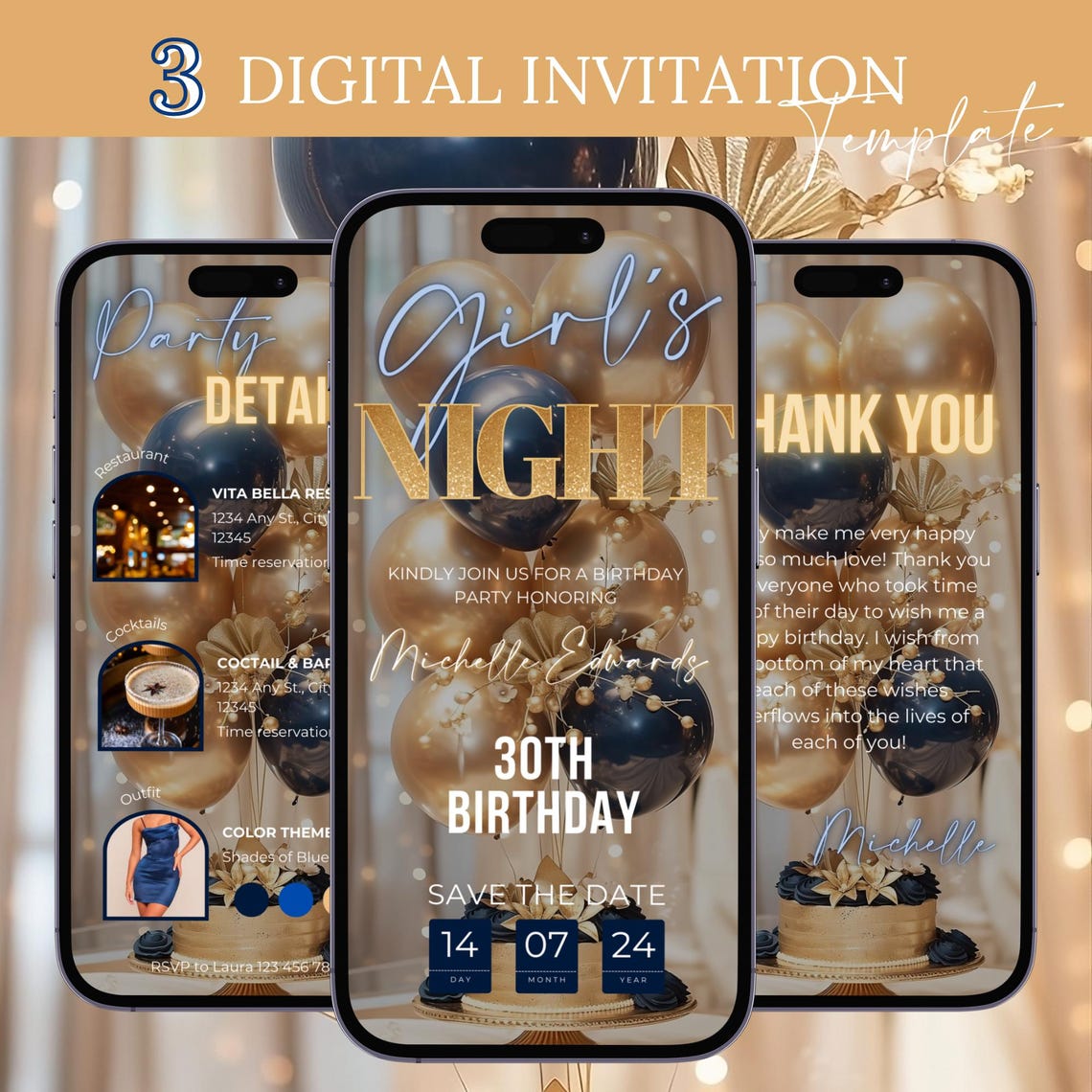 Digital Girls Night Out Invitation, Animated Fun Blue Gold Birthday ...