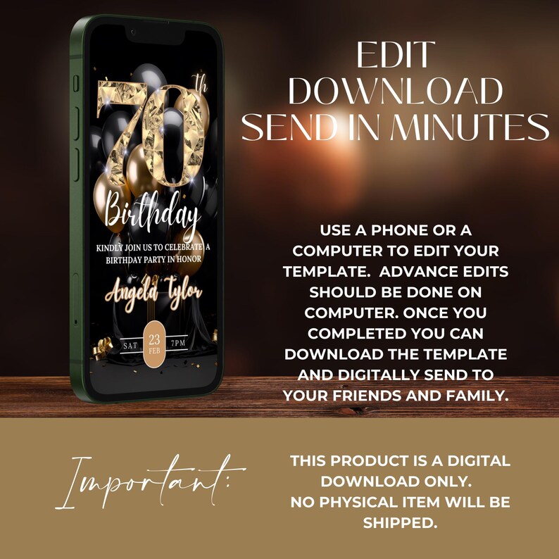 Digital 70th Birthday Invitation Template for Women, Seventieth Gold ...