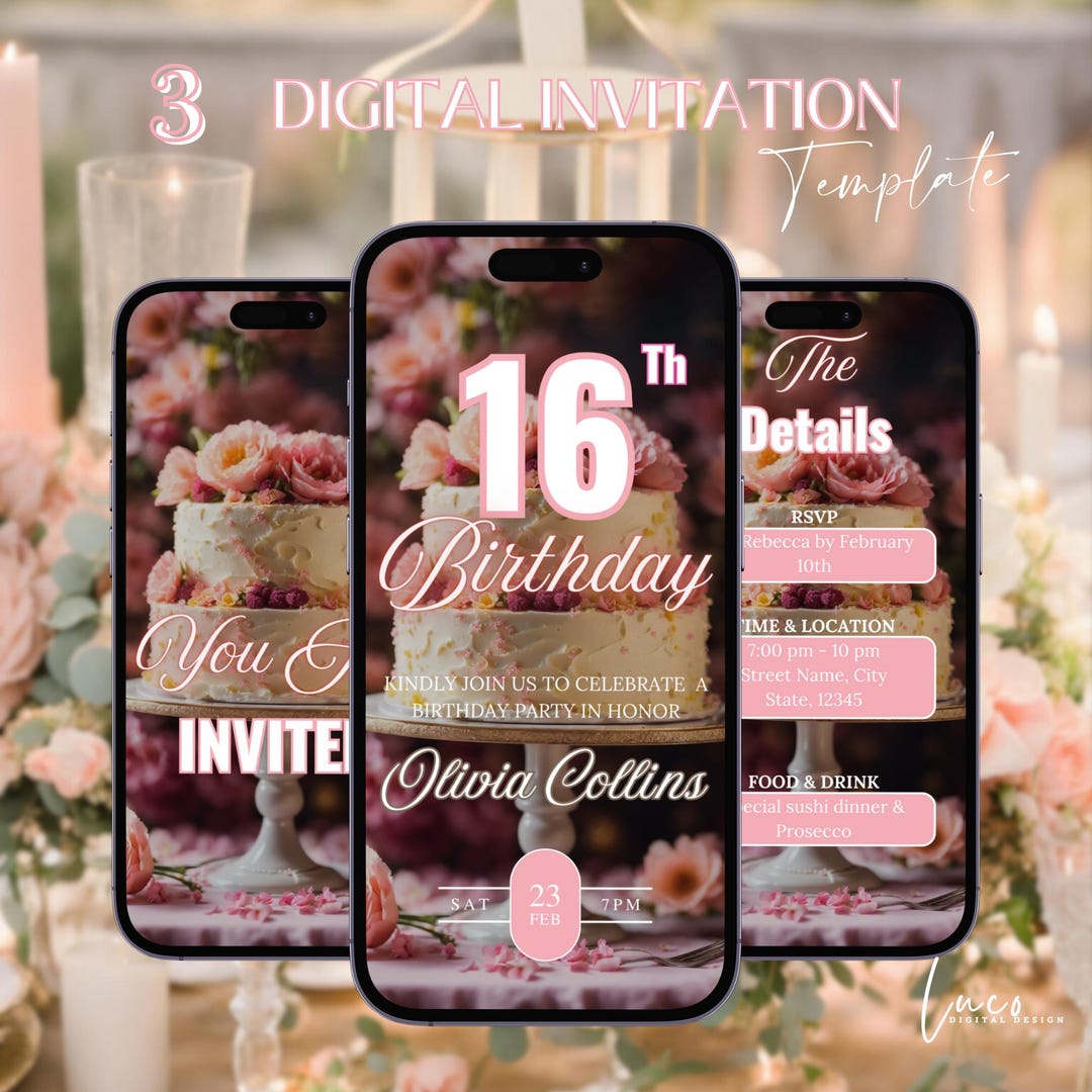 Digital Sweet 16 Birthday Invitation, Animated 16th Bday Party Invite ...