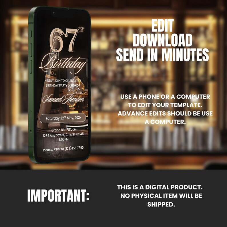 Animated 67th Birthday Dinner Invitation DIY Template Design Men's ...