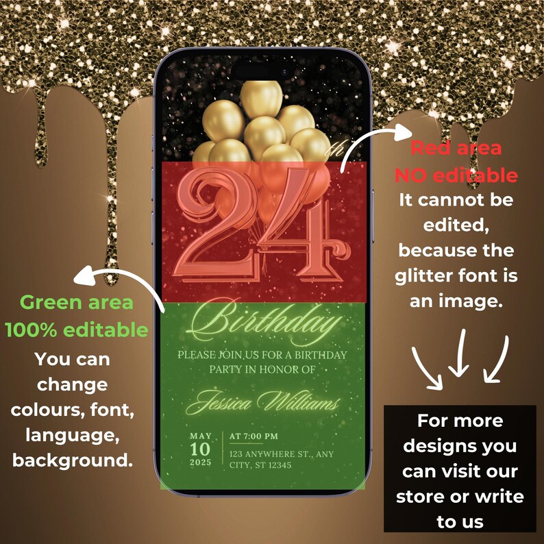 Digital 24th Birthday Party Invitation, Animated Black Gold Dinner ...