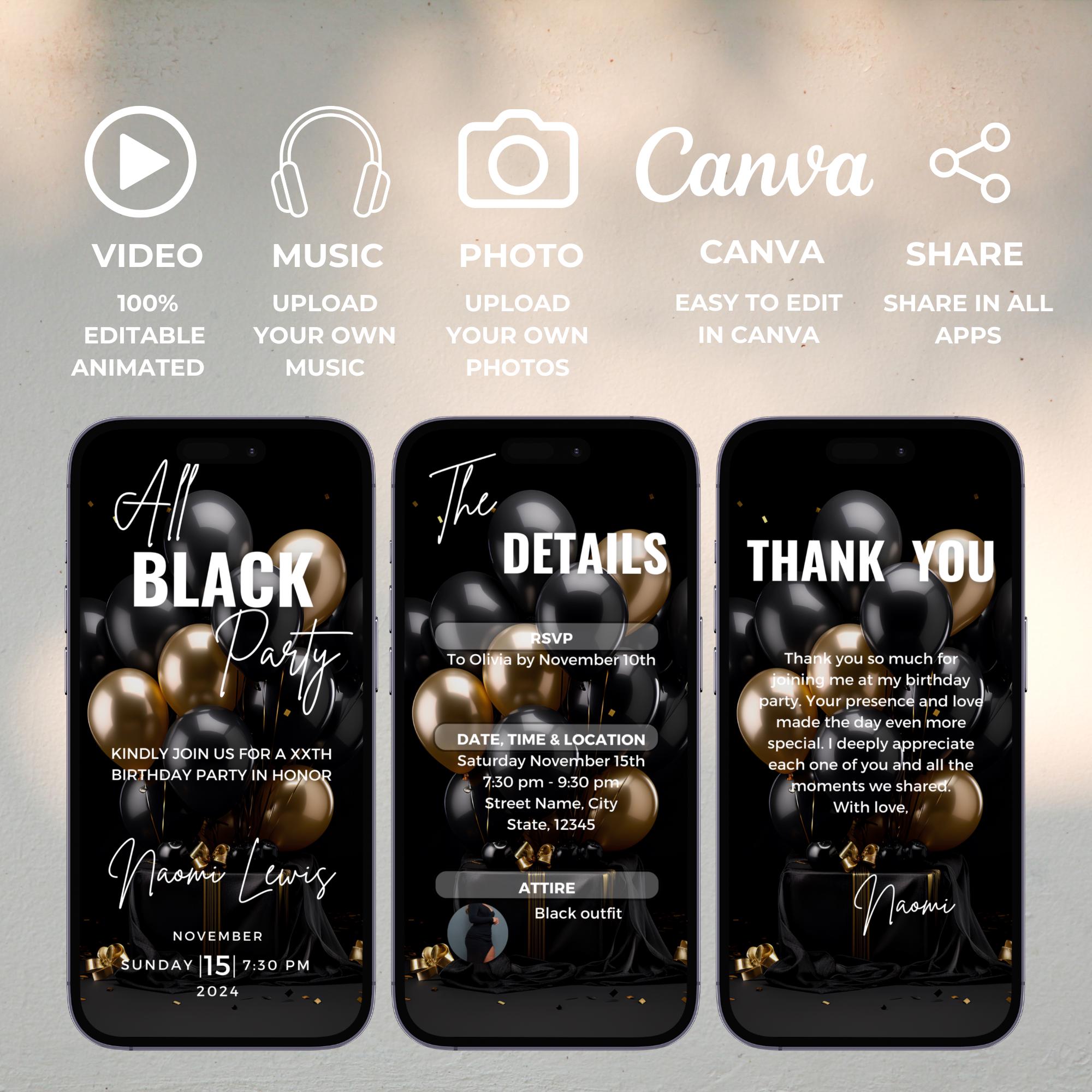 All Black Birthday Party Invitation, Birthday Dinner, Birthday Brunch ...