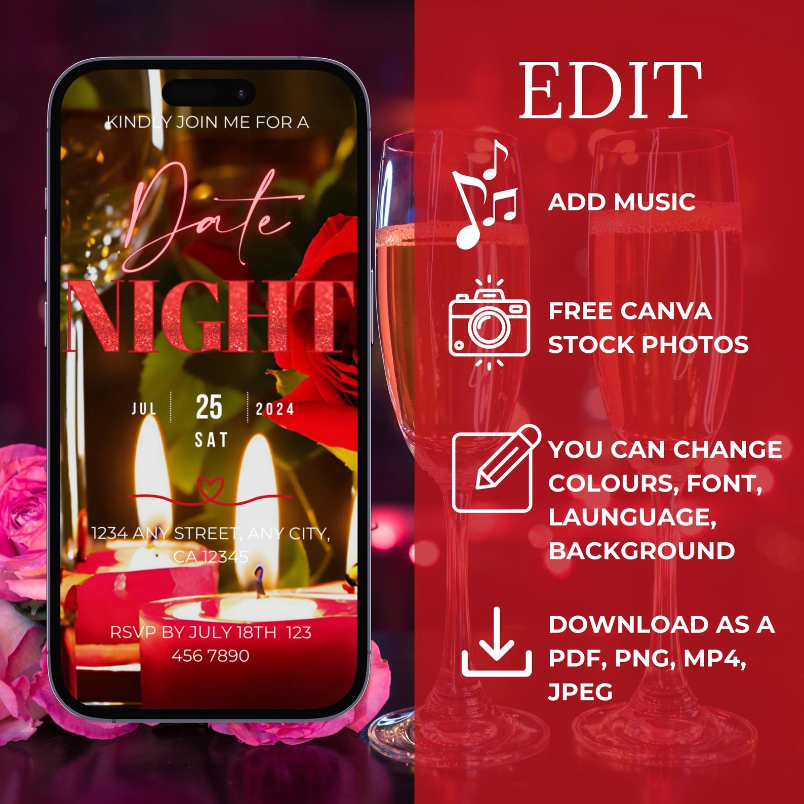 Date Night Digital Invitation Template Rose Cocktail Hour, Editable ...